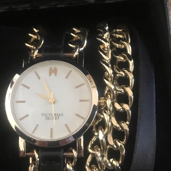 Victoria's Secret | Jewelry | Vs Gold Tone Watch With Chain Black Strap ...